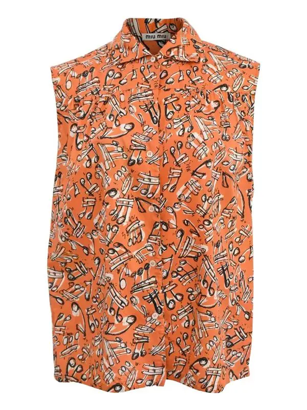Miu Miu Musical-notes Printed Sleeveless Shirt - Orange