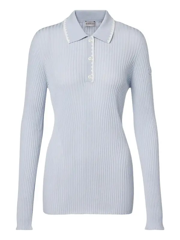 Moncler Ribbed-knit Virgin Wool Polo Sweater - Blue