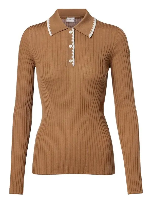 Moncler Ribbed-knit Virgin Wool Polo Sweater - Brown