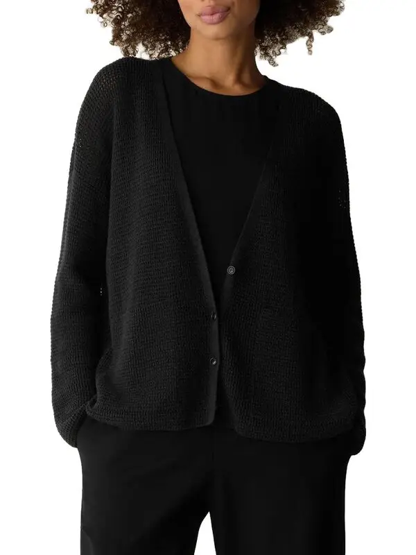 Eileen Fisher Open Stitch Organic Cotton Blend V-neck Cardigan - Black