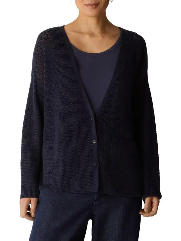 Eileen Fisher Open Stitch Organic Cotton Blend V-neck Cardigan - Ink