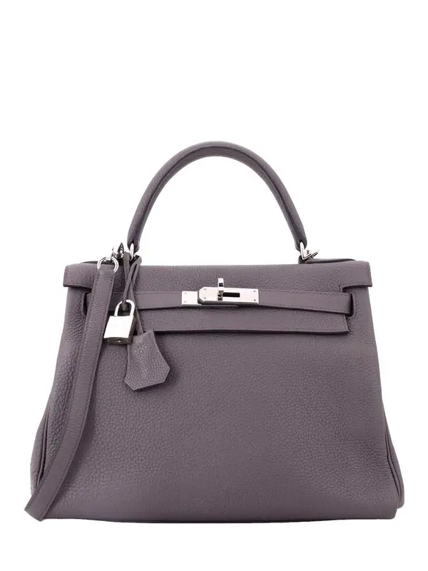 HERMES Kelly Handbag 28 Grey Clemence With Palladium Hardware - Etain