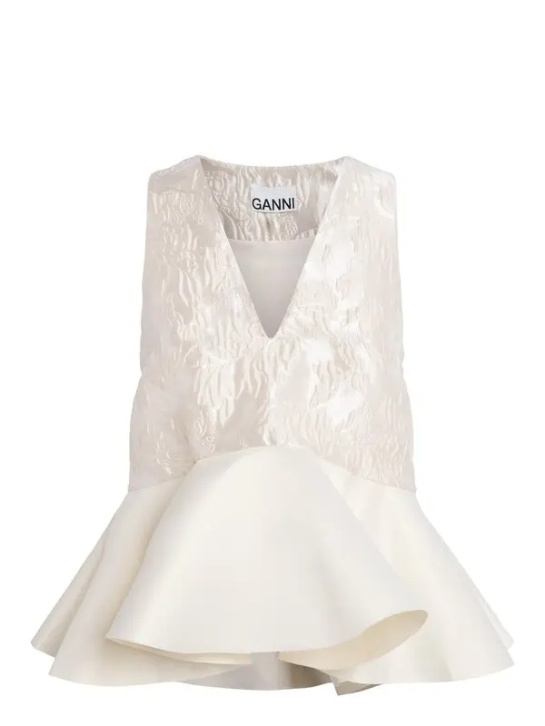 GANNI Satin Jacquard Peplum Top - Ivory