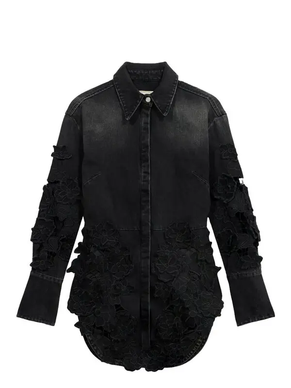 Blumarine Floral-applique Denim Shirt - Black