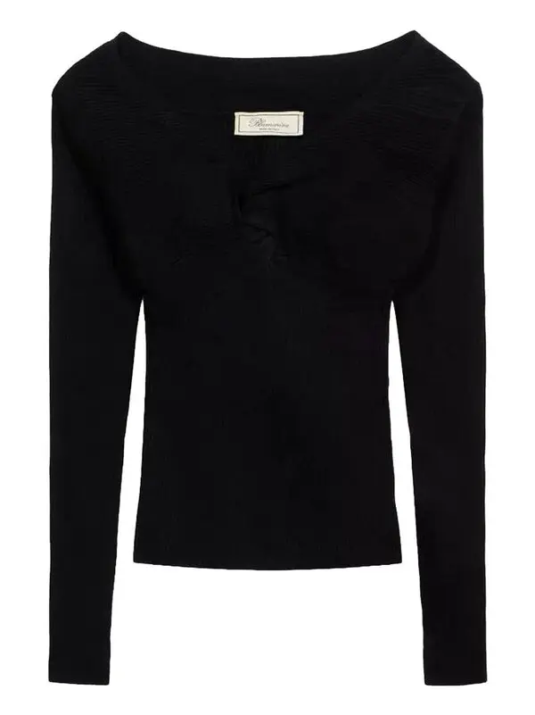 Blumarine V-neck Ribbed Knit Top - Black