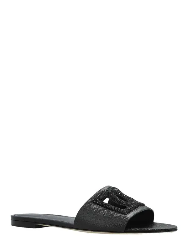 Dolce & Gabbana Leather Flat Sandals With Logo - Black