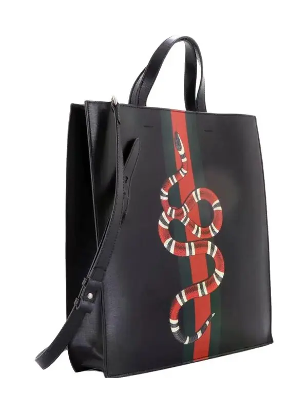 Gucci Web And Snake Printed Leather Tall Tote Bag - Black