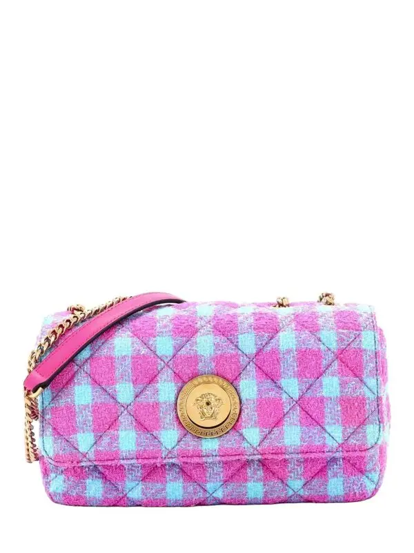 Versace Medusa Icon Chain Flap Bag Quilted Tweed East West Shoulder Bag - Pink