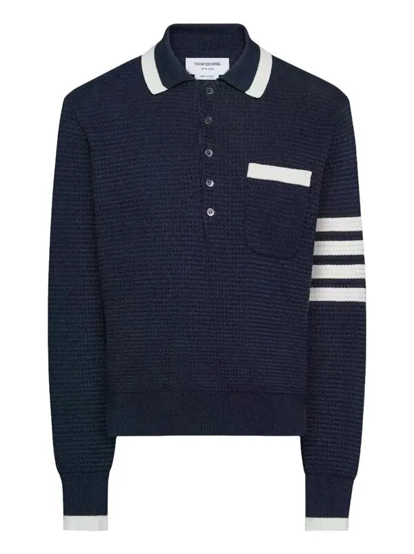 Thom Browne Textured Stitch 4-bar Relaxed Long Sleeve Polo - Grey