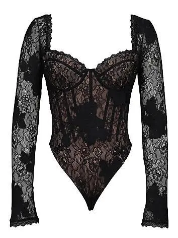 House Of Cb Long Sleeve Lace Bodysuit - Black