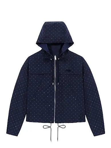 Maje Rhinestones-embellished Hooded Windbreaker Woven Jacket - Navy