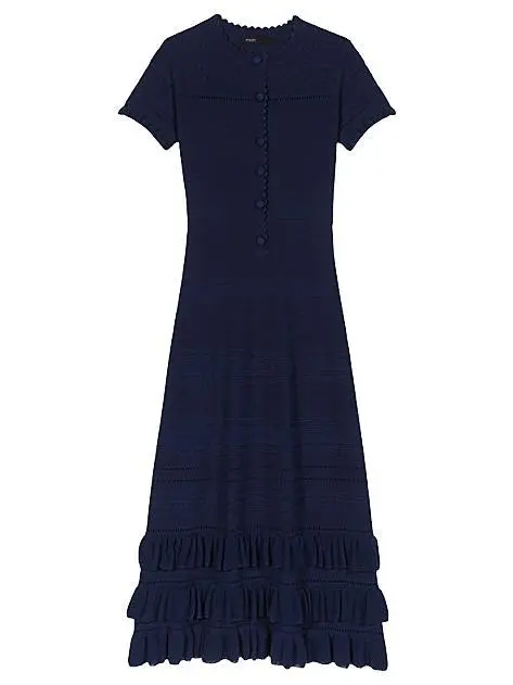 Maje Knitted Ruffled Maxi Dress - Navy