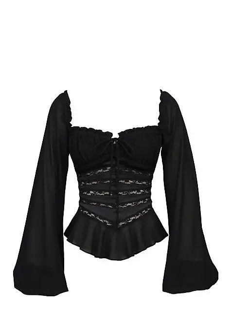 House Of Cb Long-sleeve Georgette Peplum Top - Black