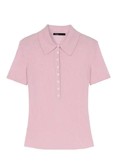 Maje Ribbed Wool And Silk Polo Jumper - Pink