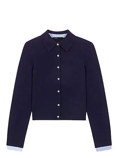 Maje Wool And Cashmere Polo Cardigan With Removable Trims - Navy