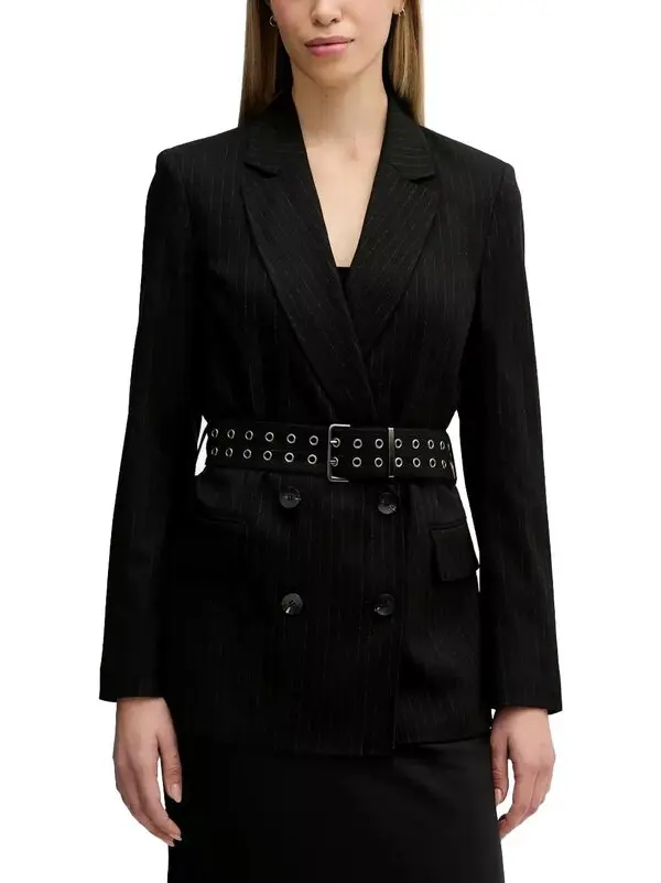 Sisley Pinstripe Belted V-neck Jacket - Black