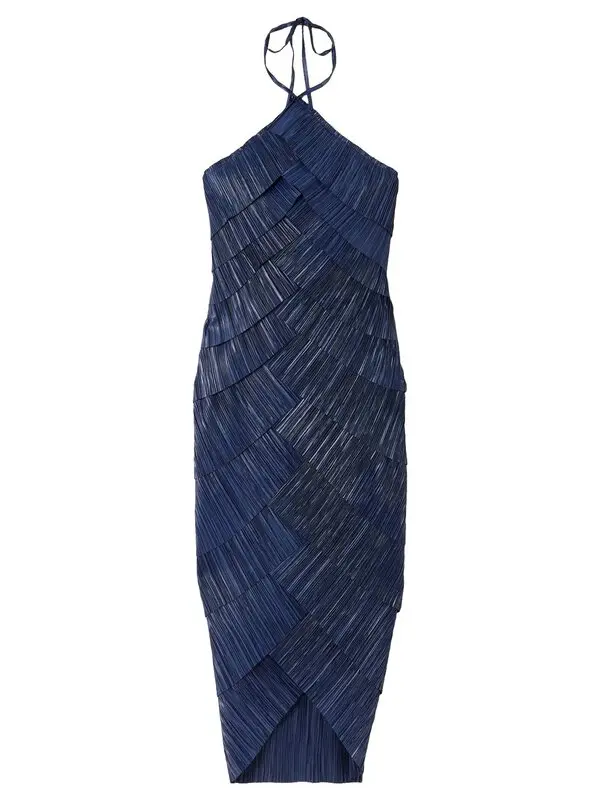 Cult Gaia Patrizia Asymmetric Layered Plissé-satin Midi Halterneck Dress - Blue