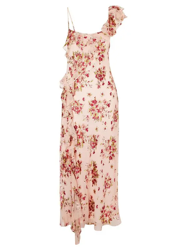 Rixo Asymmetric Floral-print Chiffon And Dévoré-velvet Maxi Dress - Pink