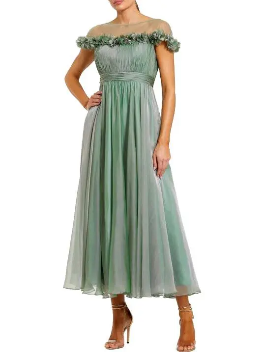 Mac Duggal Chiffon Illusion Neck Midi Dress With 3d Flowers - Sage