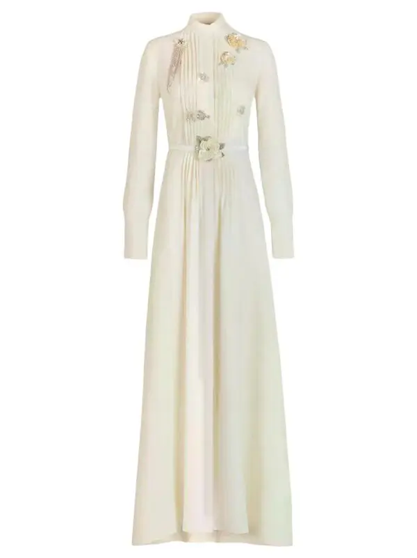 Oscar De La Renta Brooch-detailed Embroidered Dress - Neutrals
