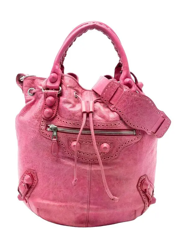 Balenciaga 2005-2025 Lambskin Motocross Giant Brogues Pompon Bucket Bag - Pink