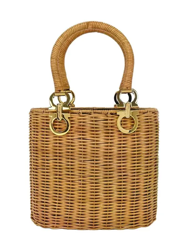 FERRAGAMO 1990-2000s Gancini Rattan Basket Tote Bag - Neutrals