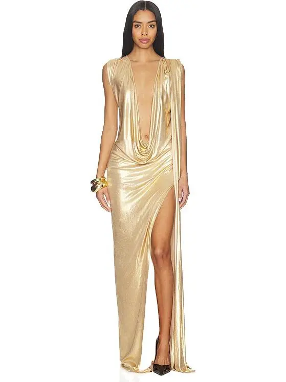 SID NEIGUM Floor Length Reversible Cowl Dress - Gold Metallic