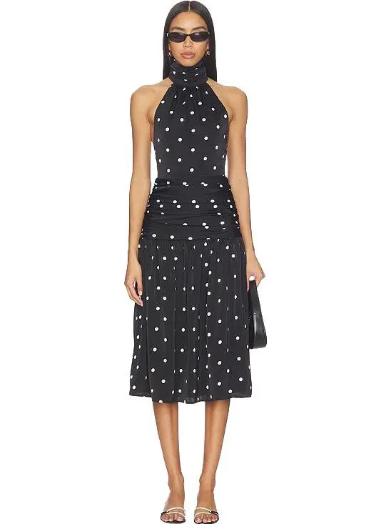 MORE TO COME Carmina Halter Midi Dress - Black & White Dot
