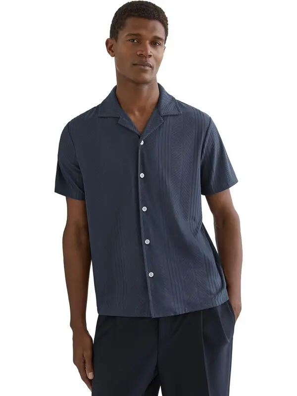 REISS Frederick Jacquard Cuban-collar Shirt - Steel Blue