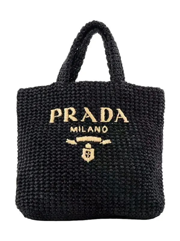 Prada Logo Raffia Small Tote Bag - Black