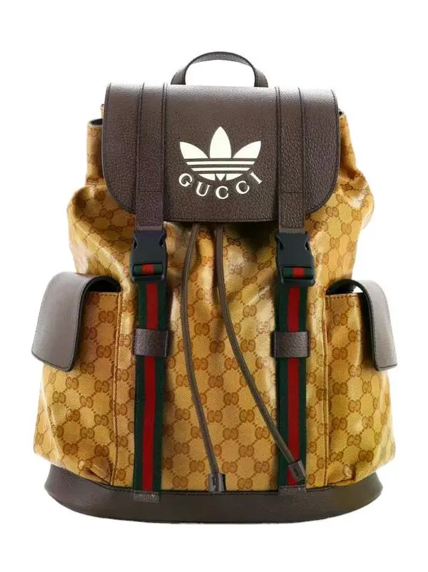 Gucci X Adidas Double Pocket Buckle Gg Coated Canvas Medium Backpack - Brown