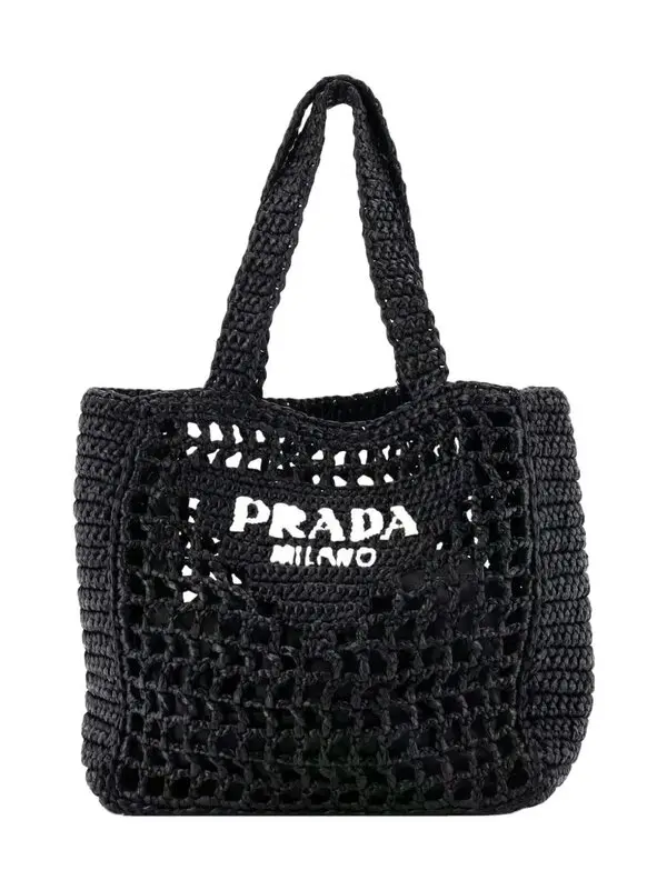 Prada Logo Raffia Small Tote Bag - Black
