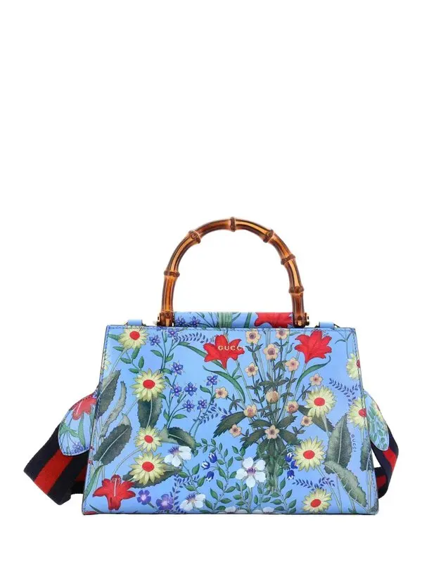 Gucci Nymphaea Small Satchel Floral Printed Leather Top Handle Bag - Blue