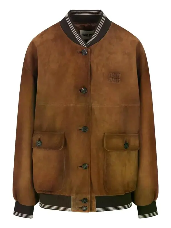 Miu Miu Logo-patch Suede Bomber Jacket - Brown