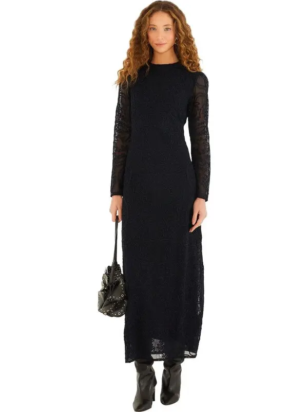 Farm Rio Embroidered Sheer Sleeve Maxi Dress - Black