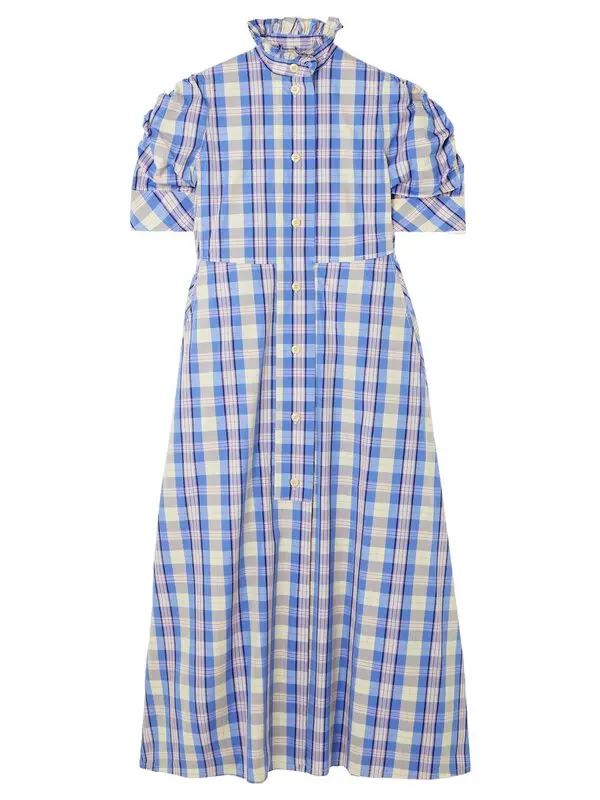 Thierry Colson Venetia Ruffled Checked Cotton-blend Midi Dress - Blue