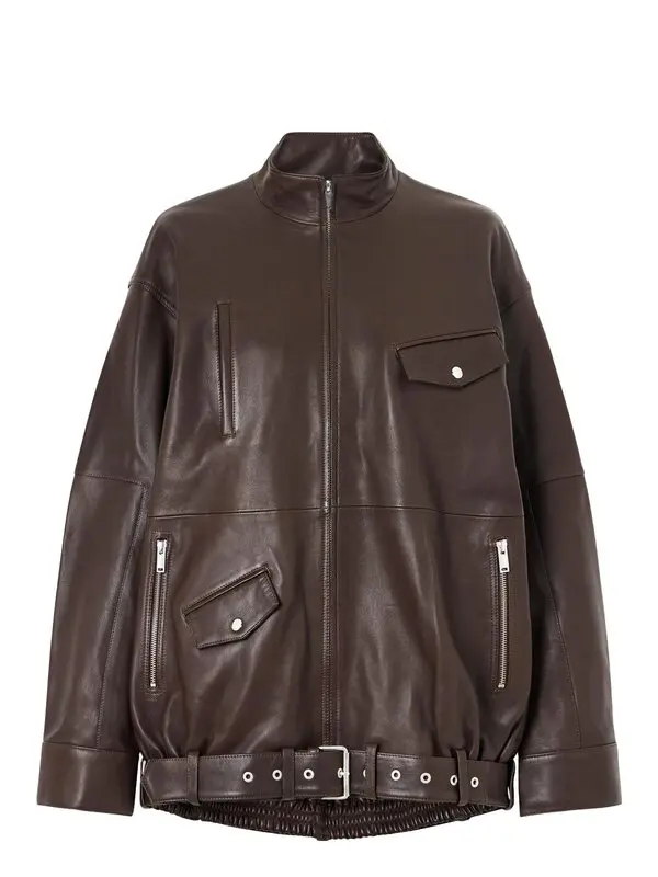 Tibi Belted Leather Bomber Jacket - Brown