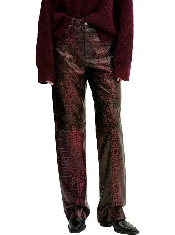 GESTUZ Crocodile-effect Straight Leg Trousers - Red