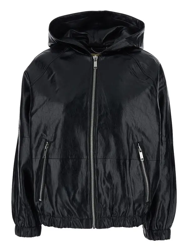 Michael Kors Jacket With Hood And Elastic Trims In Ecoleather - Black