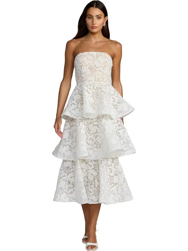 Mac Duggal Lace Tiered Ruffle Midi Dress - Ivory