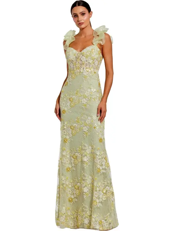 Mac Duggal Embroidered Lace Floral Gown With Ruffle Straps - Green
