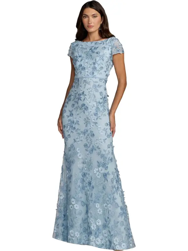 Mac Duggal Floral Applique Boat Neck Gown - Blue