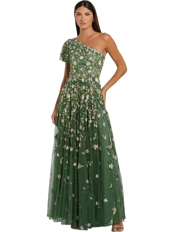 Mac Duggal Embellished One-shoulder A-line Gown - Sage
