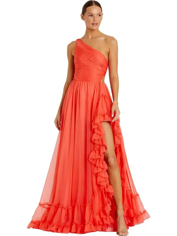 Mac Duggal Chiffon One-shoulder Ruffled High-low Gown - Tangerine