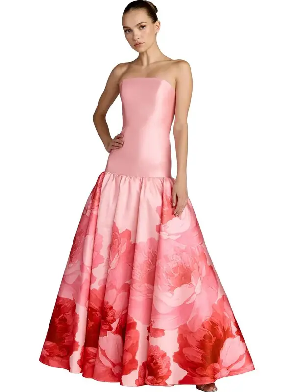 Mac Duggal Printed Mikado Strapless Drop Waist Ball Gown - Blush Multi