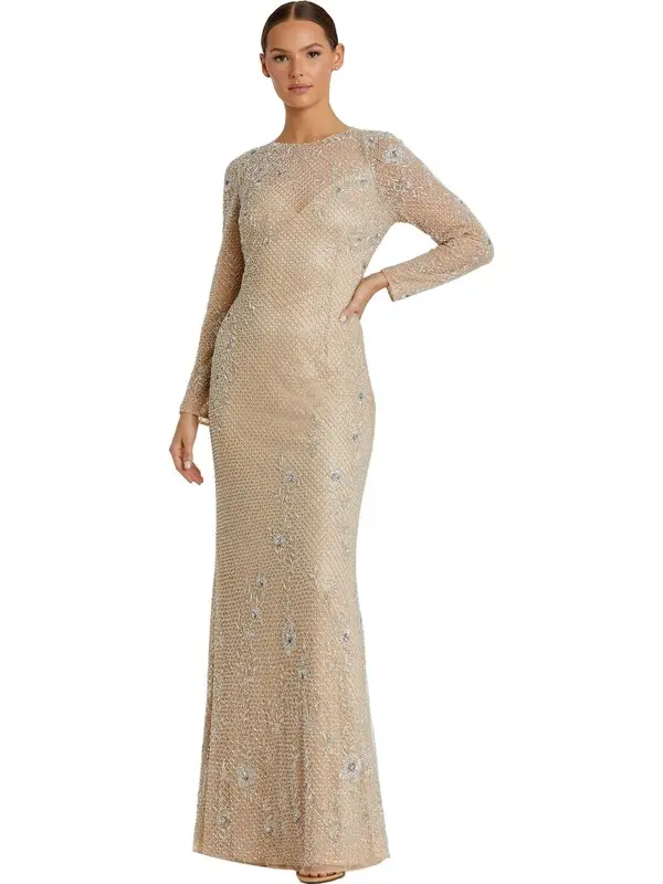 Mac Duggal Long Sleeve Beaded Evening Gown - Neutral