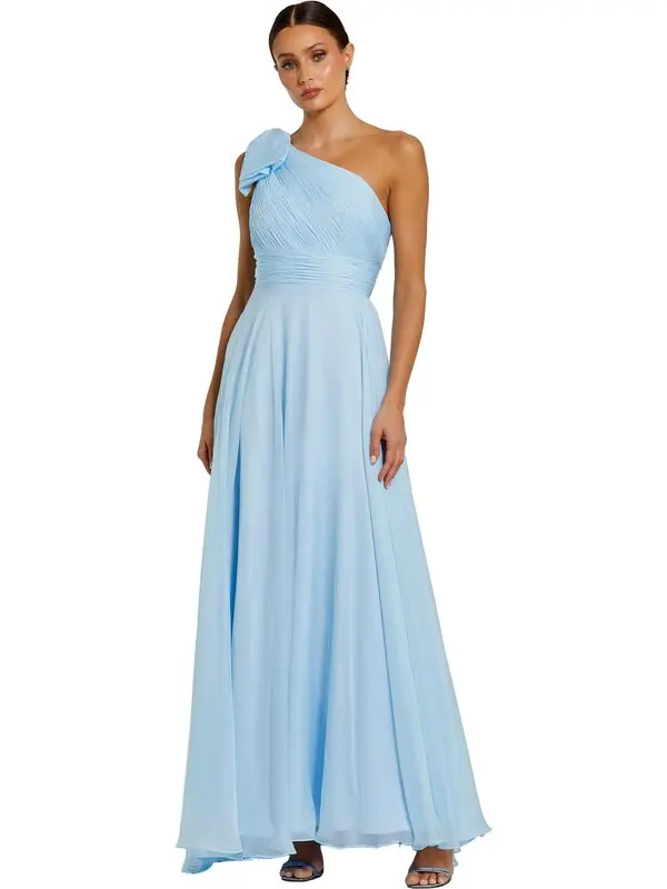 Mac Duggal One-shoulder Pleated Evening Gown With Bow - Blue
