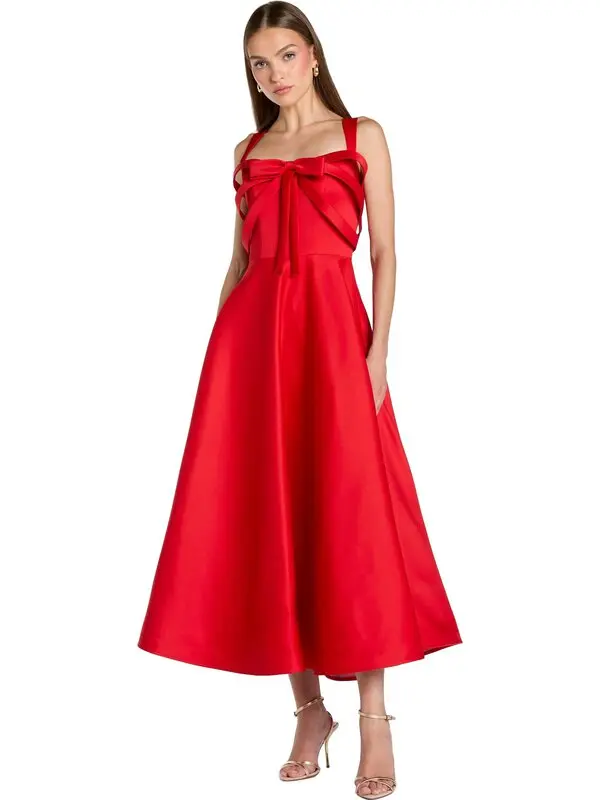 Mac Duggal Satin A-line Midi Dress With Bow Detail - Red