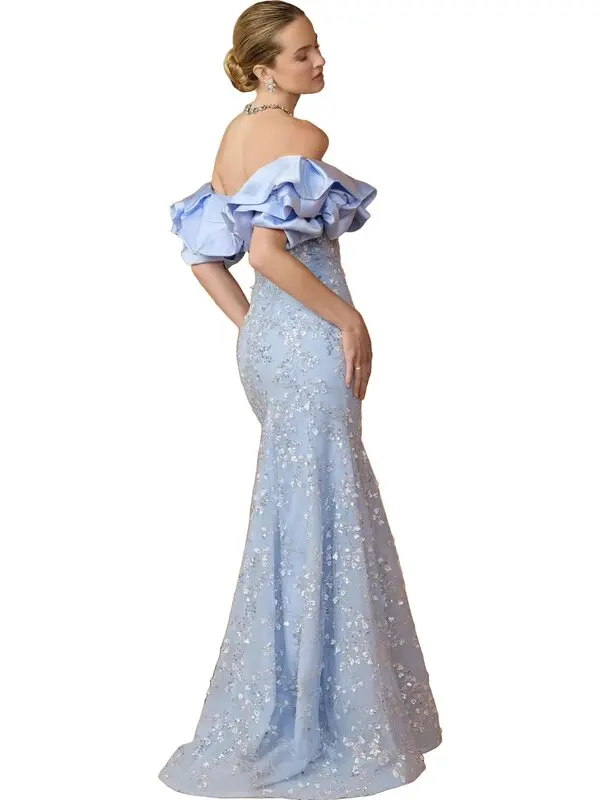 MAC DUGGAL COLLECTION Embellished Mermaid Gown With Ruffled Off-the-shoulder Neckline - Blue
