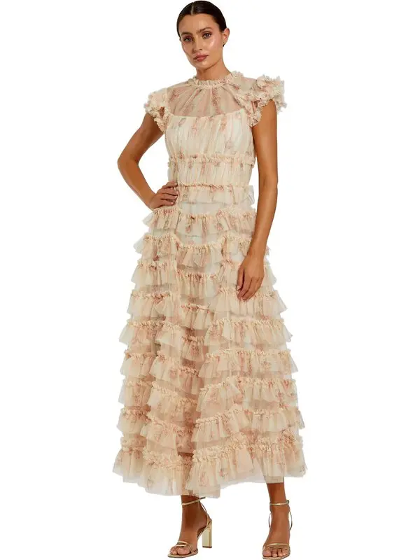 Mac Duggal Floral Ruffle Midi Dress - Ivory Multi